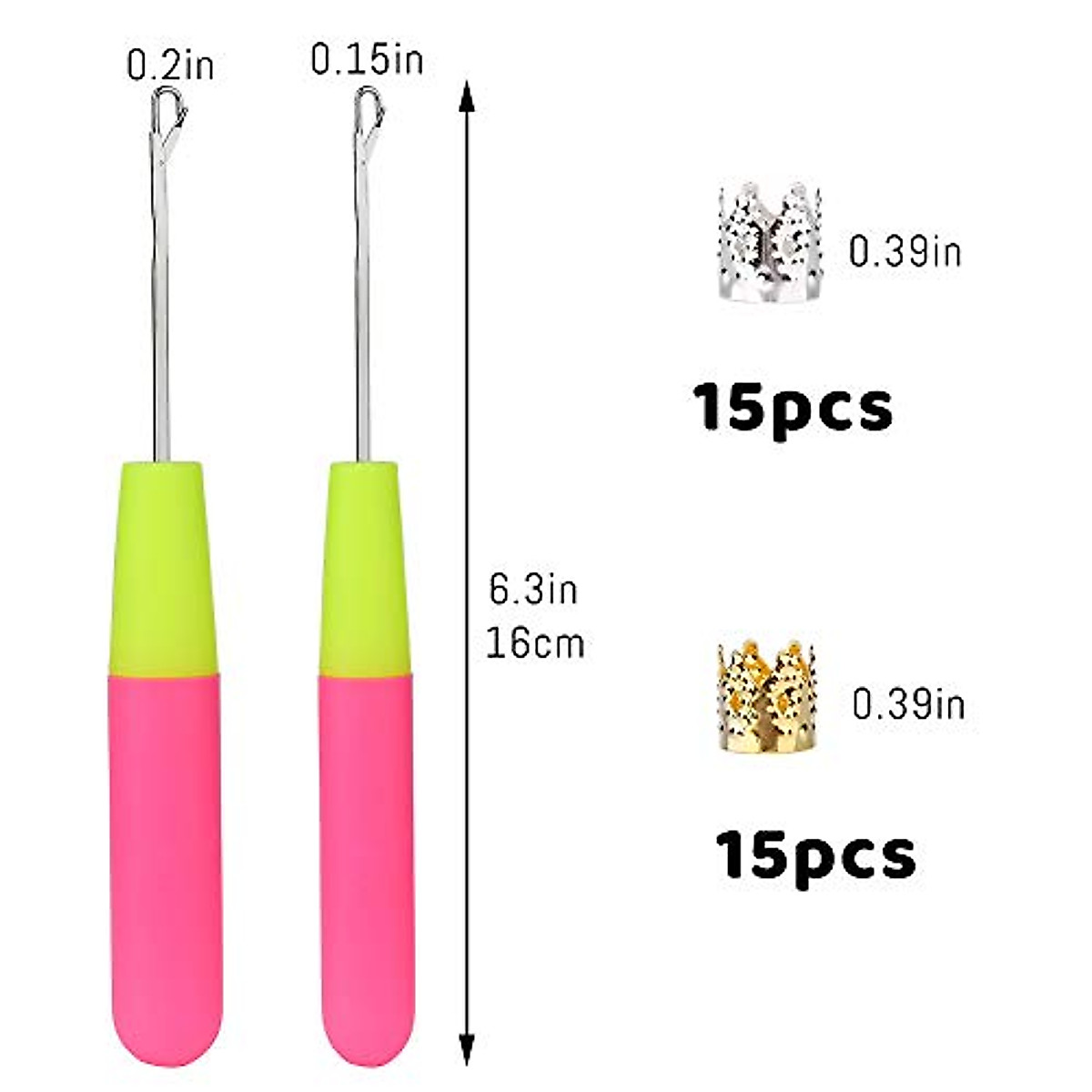 2 PCS Latch Hook Crochet Needle + 30 PCS Dreadlocks Hair Ring Decoration Braiding Hair Silver Gold Metal, for Crochet Braids Hair Decoration Accessories