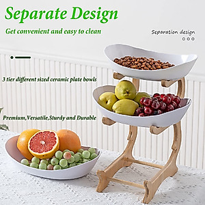 fghuim 3 Tier Ceramic Fruit Bowls with Bamboo Stand,Decorative Ceramic Friut Bowl with Bamboo Holder for Kitchen Counter White(Include 1 Y Stainless Steel Peeler,3 Oranger Finger Peelers)