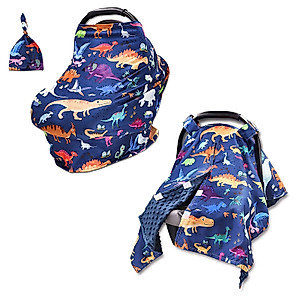 Dinosaur Baby Car Seat Canopy, Soft Plush Dotted Backing Baby Car Seat Cover, Nursing Cover Breastfeeding Scarf, Infant Carrier Cover for Boys and Girls