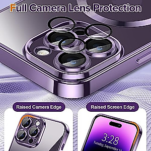 Hython Magnetic Clear Case for iPhone 14 Pro Case [Compatible with MagSafe] [Full Camera Lens Protection] Luxury Plating Edge Slim Soft TPU Cover Shockproof Protective Phone Case, Purple