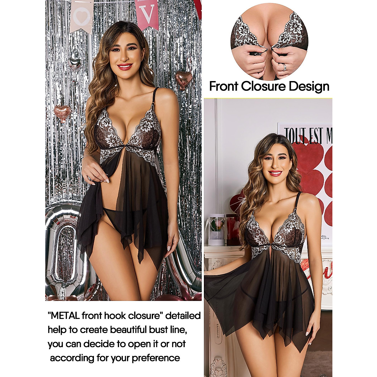 Avidlove Women Lingerie Set Lace Babydoll V Neck Nightwear Strap Chemise Full Slip Nightgown A Black