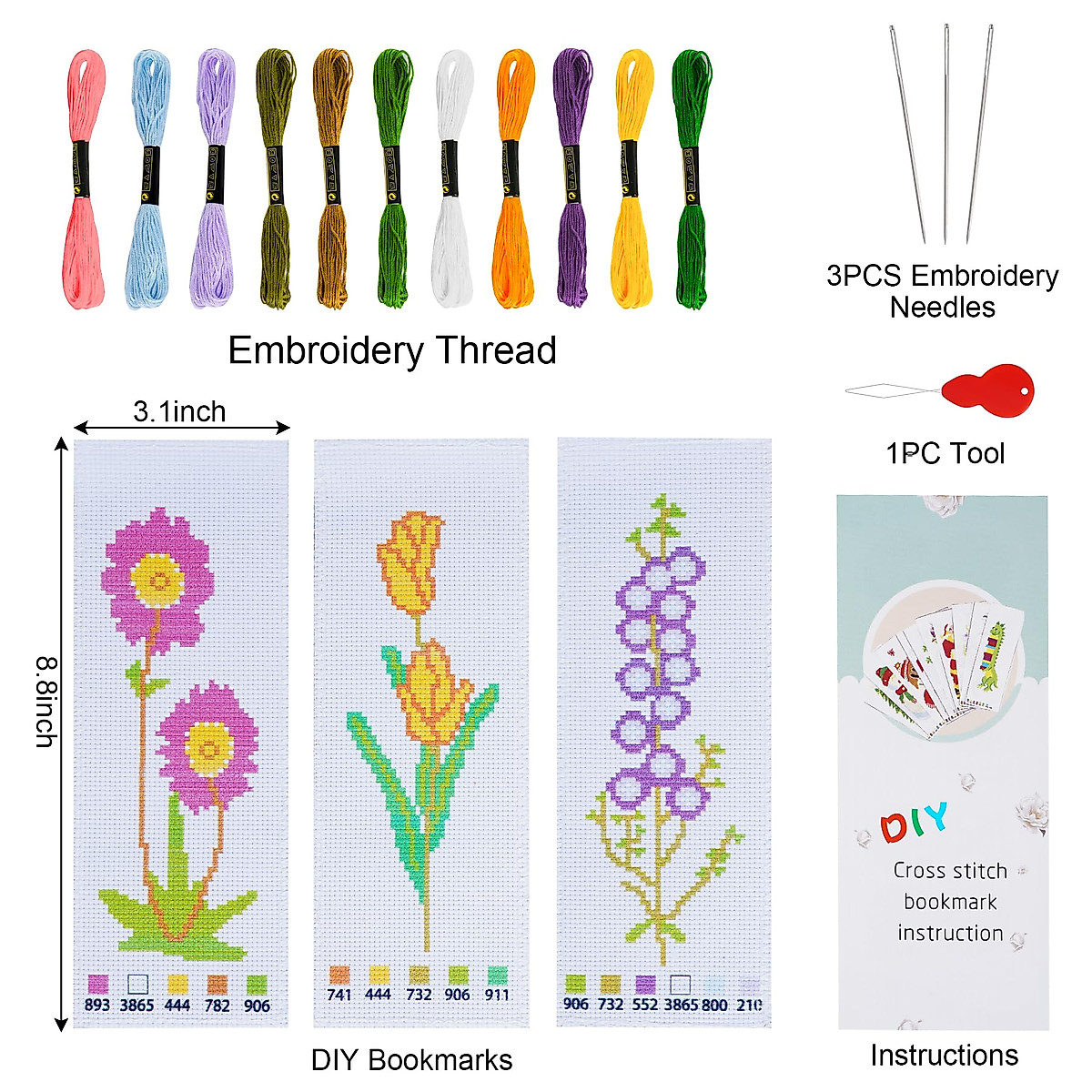 yeabwps 3Pcs Cross Stitch Bookmark Kits Embroidery DIY Bookmark Flower Patterns DIY Cross Stitch Bookmarks for Beginners Daisies Tulips Bellflower Handmade DIY Cross Stitch