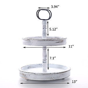 Cupcake Stand 2 Tier Tray Wooden Tiered Tray Kitchen Serving Tray with Metal Handle Coffee Table Decor Wood Cake Stand Two Tiered Tray Farmhouse for Kitchen Dining Room Countertop White