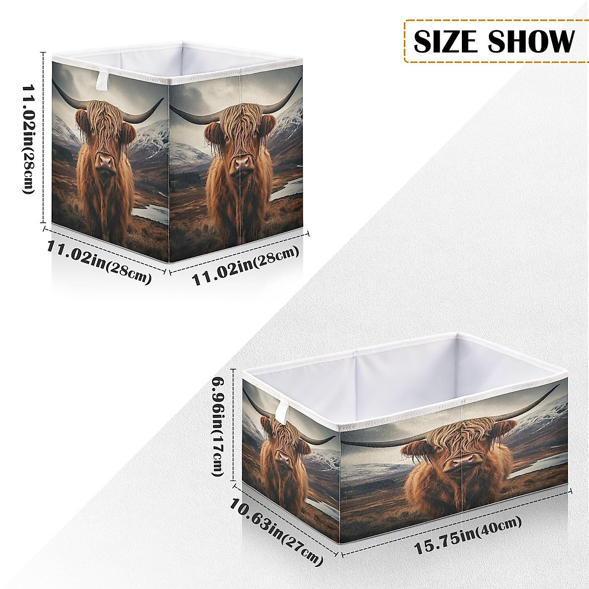 Haskirky Highland Cow Foldable Collapsible Storage Box Bins,11x11x11 Inch Cubes Baskets Fabric Storage Bins with Handles for Shelves Nursery Closet Home Decor