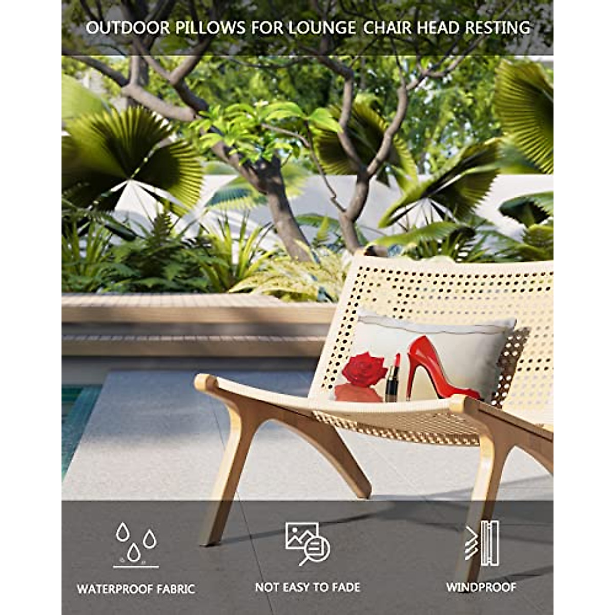 Chaise Lounge Head Resting Pillows Sexy Red Rose High Heels and Lipstick Outdoor Lumbar Pillows Waterproof Patio Furniture Pillow with Insert Adjustable Elastic Stripe for Recliner Beach Chairs