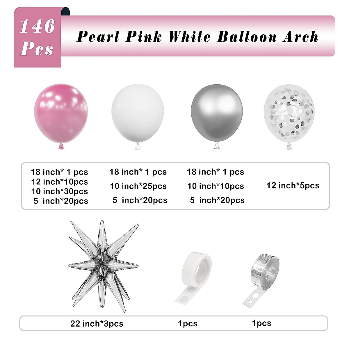 Aooxpok Pearl Pink White Balloon Garland Arch Kit,146Pcs Pearl Pink Balloon White Balloon Sliver Balloon for Girl's Birthday Bridal Baby Shower Valentine's Day Princess Theme Party Decorations