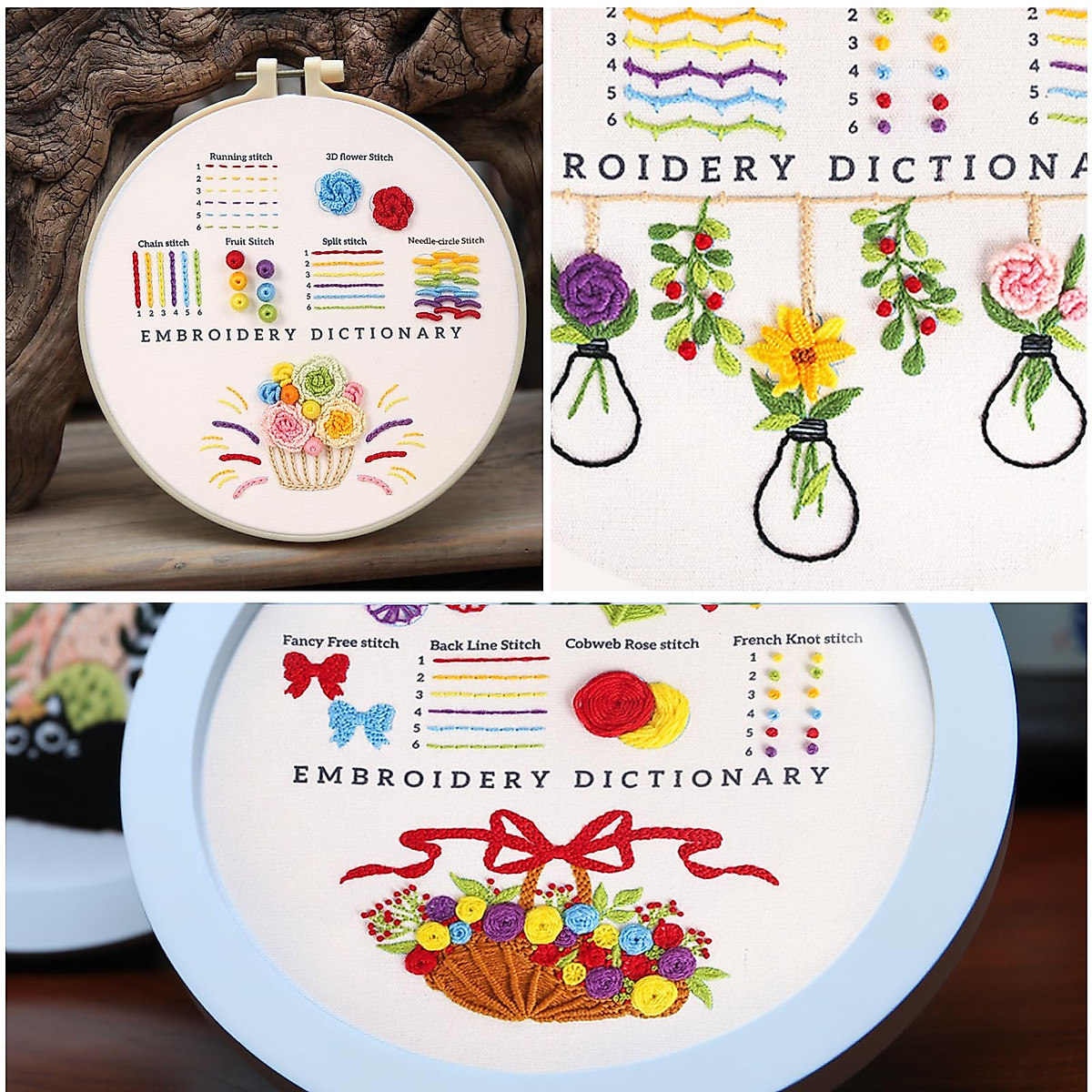 Embroidery Kit Beginners Embroidery Stitch Practice kit, chfine 3 Sets Hand Embroidery Starter Kit with 1 Hoop Learn 25 Different Stitches for Craft Lover Adult Stitch with Embroidery Skill Techniques