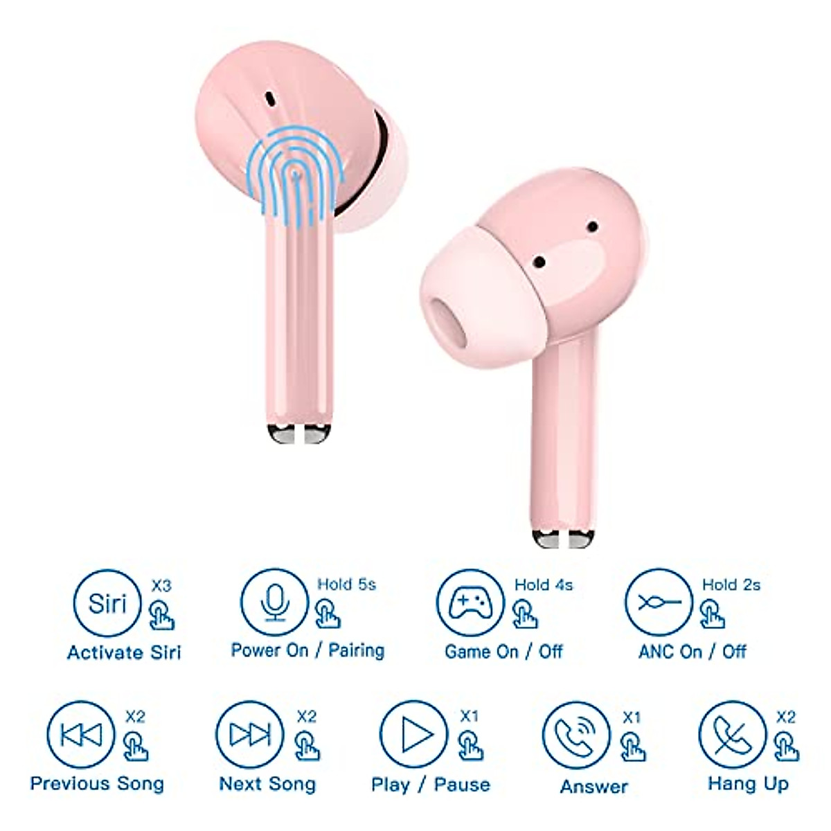 ANTSONIC Wireless Earbuds,Bluetooth Headphones 5.1, Active Noise Cancelling Headphone, with Charging Case,Touch Control, 40 Hours Playback - Pink