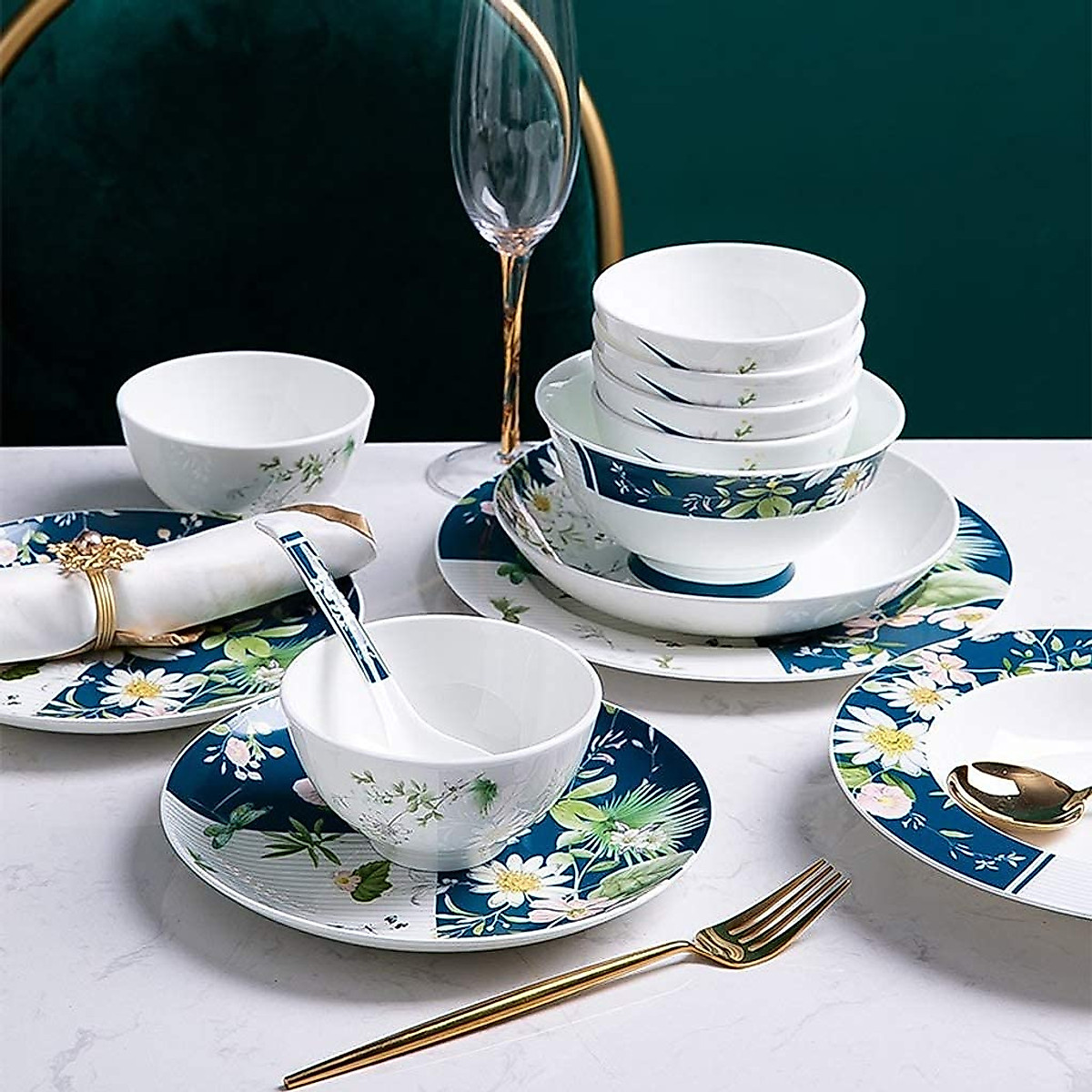 AB-Grade Porcelain Plate and Bowl Set,Ceramics Dinner Sets 46 Pieces Ceramics Dinner Sets,Bowl/Dish/Soup Pot/Spoon|Dinnerware Set Simple Floral Pattern Combination Tableware Set-Compatible with Gift