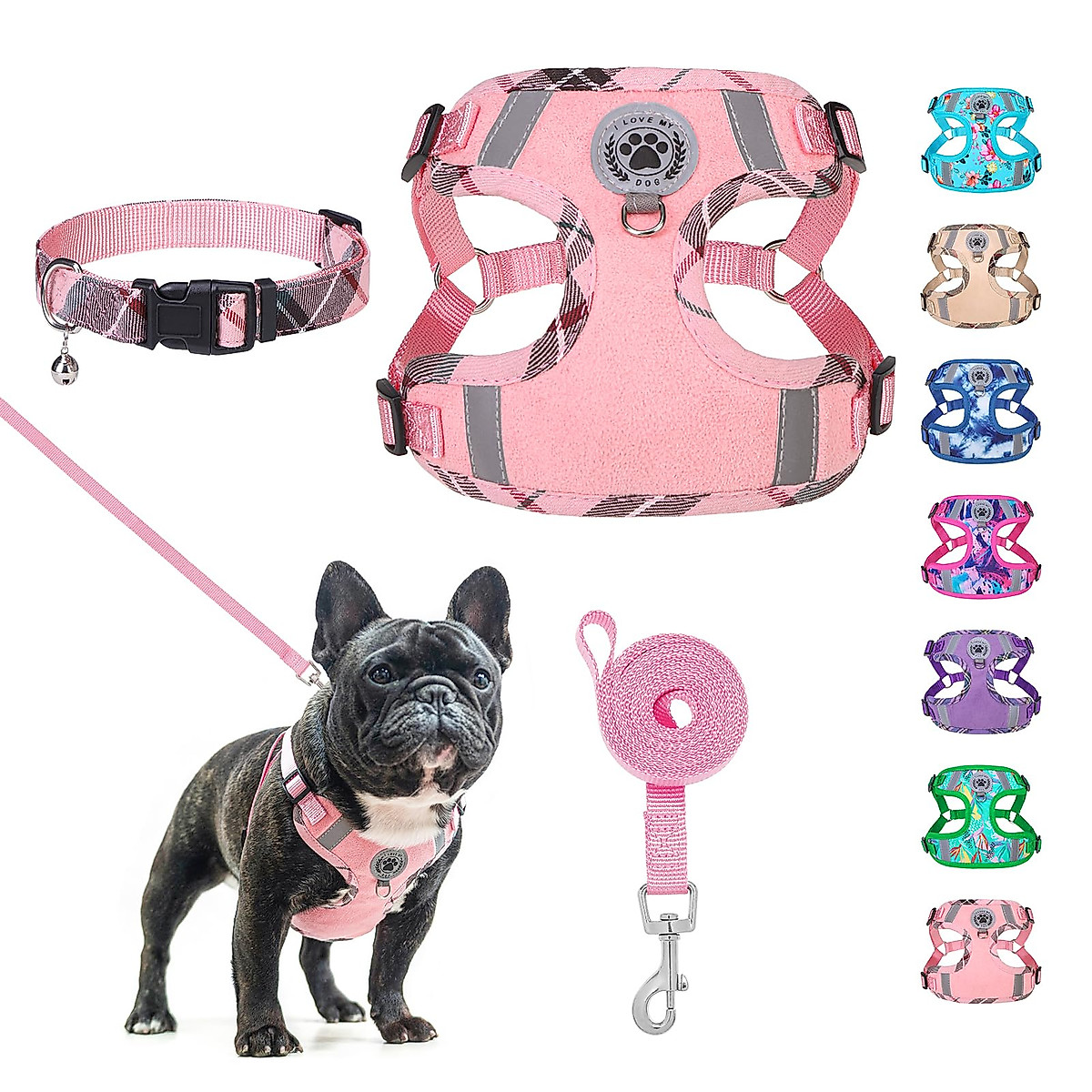 BEAUTYZOO Step in Dog Harness Collar and Leash Set for Small Medium Large Dogs, No Pull No Choke Puppy Harness, Soft Mesh Reflective Pet Padded Vest Adjustable for Doggie Girl or Boy,French Bulldog