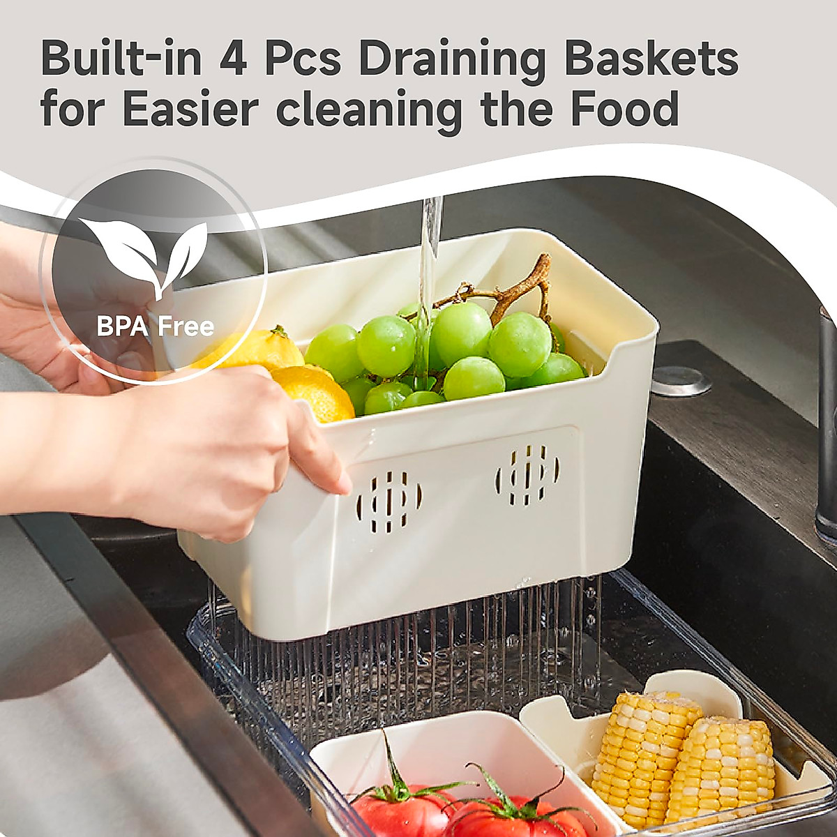 banmagately Airtight Fruit Storage Containers for Fridge, Portable Refrigerator Organizer Bins with 4 Removable Fruit Drainer Containers, BPA-Free Produce Saver for Fruits and Veggies (White)