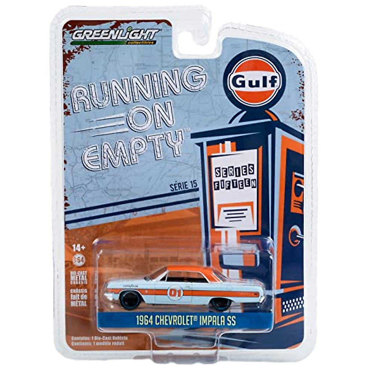 1964 Chevy Impala SS #01 Light Blue with Orange Top and Stripes Gulf Oil Running on Empty Series 15 1/64 Diecast Model Car by Greenlight 41150 A