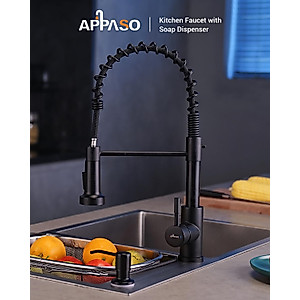 APPASO Black Kitchen Faucet with Soap Dispenser and Pull Down Sprayer, SUS304 Stainless Steel Commercial Single-Handle Spring Faucet for Kitchen Sink, Matte Black