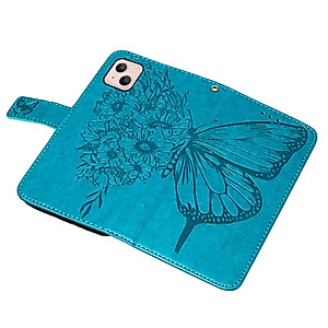 Compatible for iPhone 14 Wallet Case 2022,for iPhone 13 Wallet Case,[Kickstand][Wrist Strap][Card Holder Slots] Butterfly Floral Embossed PU Leather Flip Cover for iPhone 14/13 6.1 inch (Blue)
