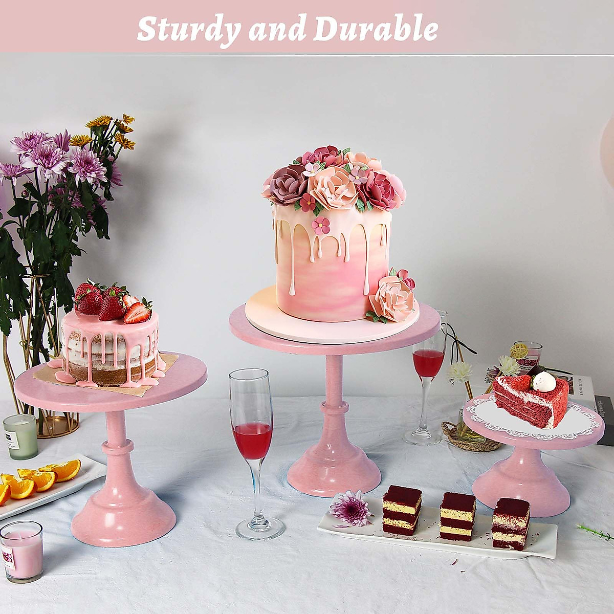 PNBO 3pcs Round Cake Stands - Pink Small Cake Stand Set - Cake Display Stands for Dessert Table - Cake Plate for Girl's Birthday Parties,Baby Shower,Weddings,Graduation Ceremonies,Anniversaries