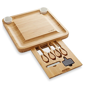 Casafield Bamboo Cheese Board Gift Set - Charcuterie Board Serving Tray for Meat, Fruit & Crackers - Includes 2 Ceramic Bowls, 4 Stainless Steel Knives, Slate Labels, and Chalk