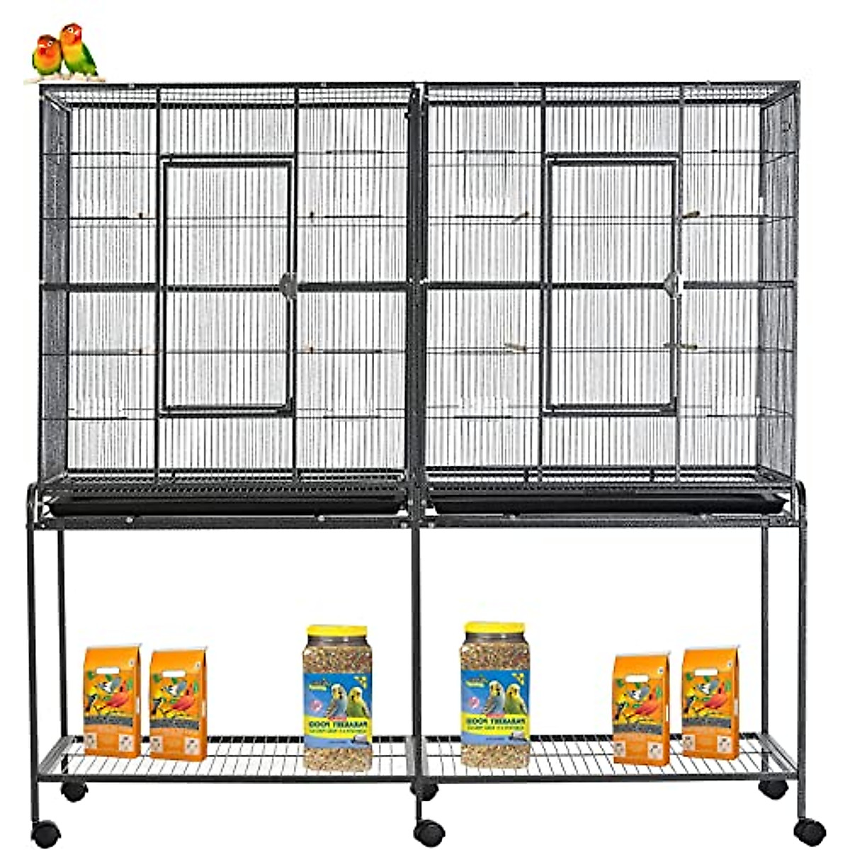 54" Large Double Breeding Flight Bird Wrought Iron Double Parrot Bird Cage Slide Out Center Divider Side Nesting Doors Cockatiel Conure Removalbe Rolling Stand