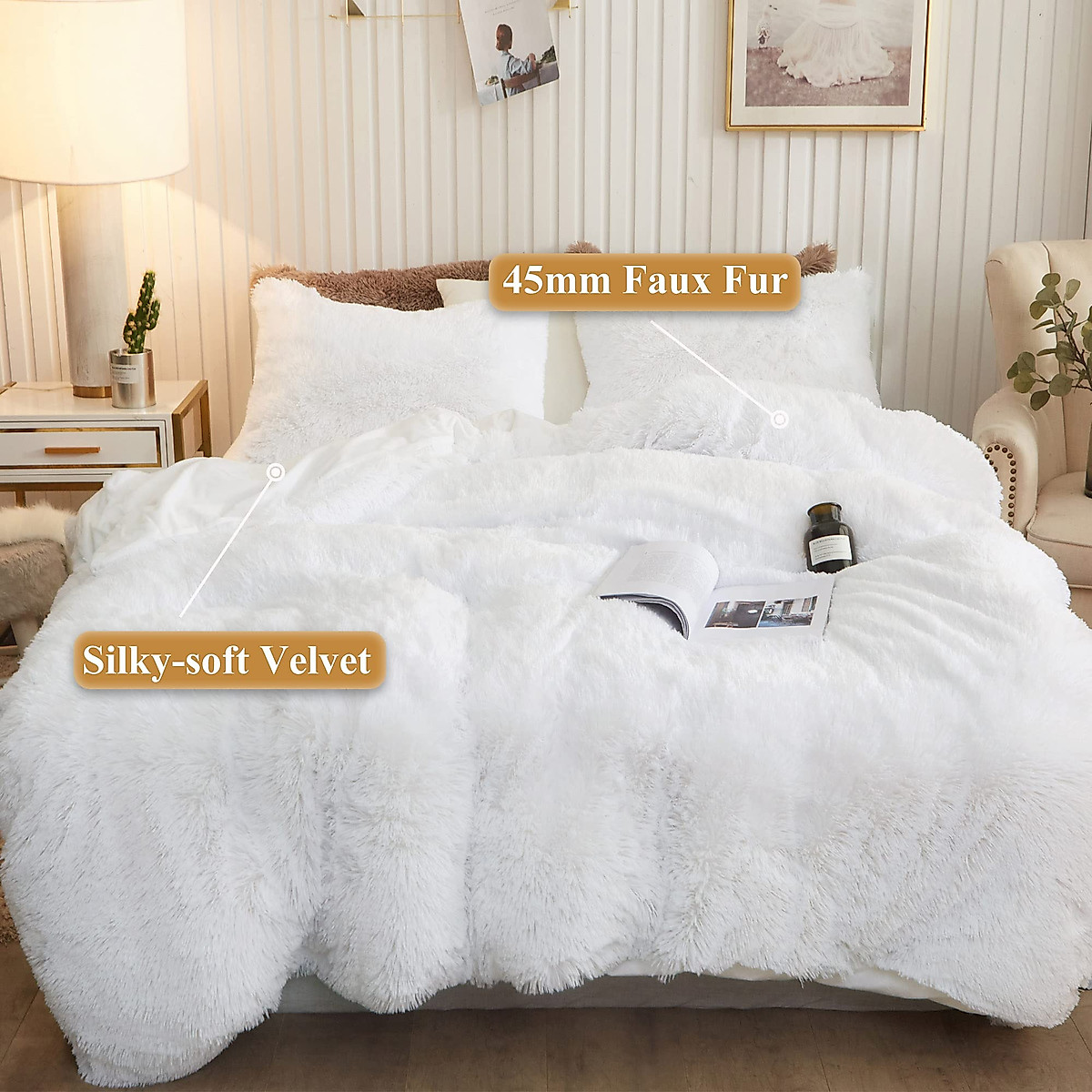XeGe Plush Shaggy Duvet Cover, Luxury Ultra Soft Crystal Velvet Fuzzy Bedding 1PC(1 Faux Fur Duvet Cover), Fluffy Furry Comforter Cover with Zipper Closure(Queen, White)
