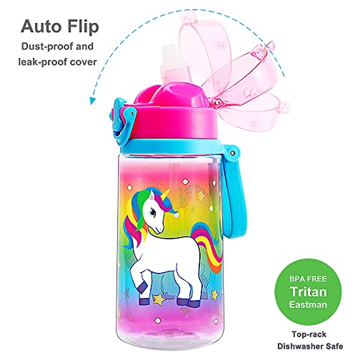 Home Tune 18 oz Cute Water bottle with Straw for Girls, BPA FREE Tritan & Leak Proof One Click Open Flip Top & Easy Clean & Soft Carry Loop (Unicorn)