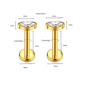 KaseStyle G23 Titanium Threadless Push-in Labret Lip Monroe Tragus Earrings Clear CZ Push Back Stud Helix Piercing Jewerly for Men Women (A,8mm 16G Gold)