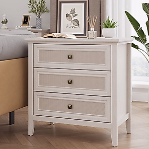 RoyalCraft White Dresser for Bedroom Set of 2, Boho Tall Dresser with 3 Rattan Decorated Drawers, Modern Wood Chest of Drawers for Closet, Living Room, Hallway, Entryway