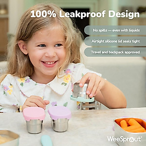 WeeSprout 18/8 Stainless Steel Condiment Containers - Set of 3 Small Dipping Sauce Cups (2.5 oz) with Lids, Pack in Kid/Adult Lunch Box, Leakproof Silicone Lids, Easy to Open, for Dips/Condiments