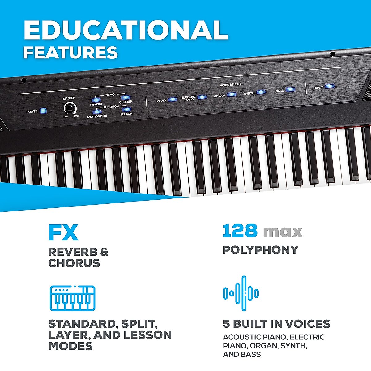 Alesis Recital – 88 Key Digital Piano Keyboard with Semi Weighted Keys, 2x20W Speakers, 5 Voices, Split, Layer and Lesson Mode, FX and Piano Lessons