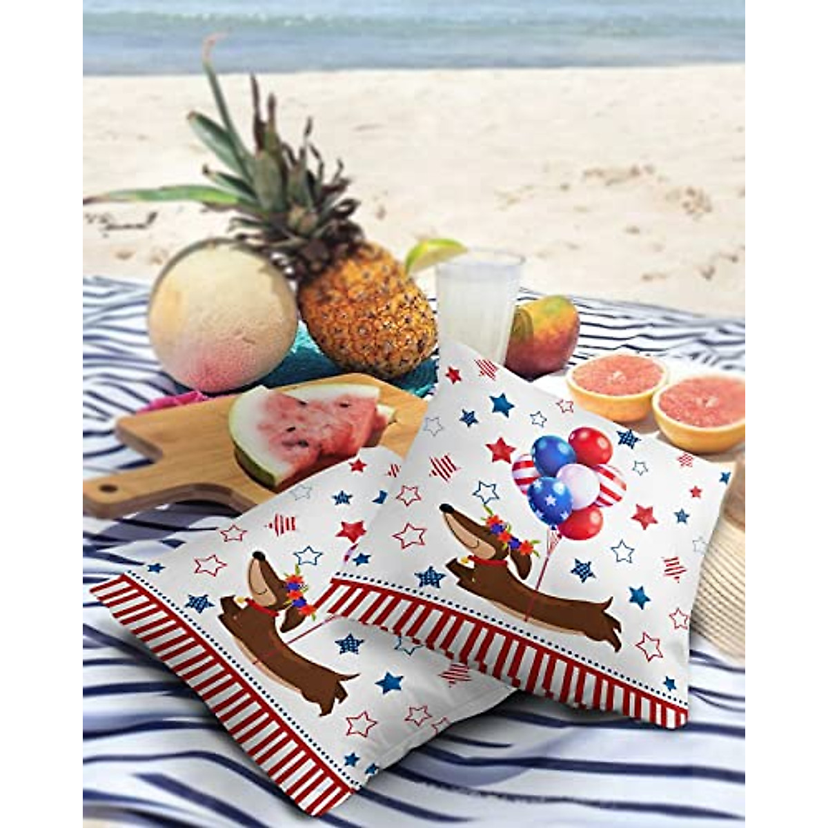 Vandarllin Outdoor Throw Pillows Covers 18X18 Set of 2 Waterproof American Flag Decorative Zippered Lumbar Cushion Covers for Patio Furniture, Stripes Sausage Dog