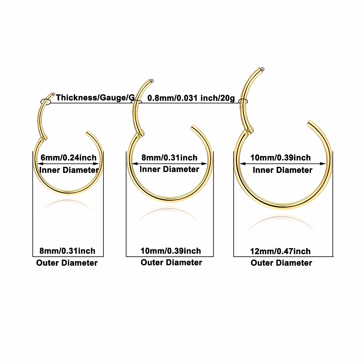 Lantine Gold Hinged 20g Cartilage Earring Hoop Nose Rings 6mm 8mm 10mm Set Clicker Triple Double Forward Helix Hoops Earrings(3Pcs a Set)