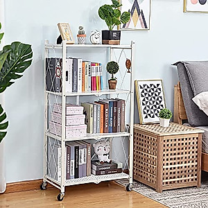 TOOLF 4-Tier Foldable Shelving Unit, Freestanding Metal Storage Shelf with MDF Tabletop, No Assembly Storage Shelves with Wheels for Garage Kitchen Bakers Closet Pantry, Heavy Duty Shelving