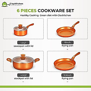 6-piece Non-stick Cookware Set Pots and Pans Set for Cooking - Ceramic Coating Saucepan, Stock Pot with Lid, Frying Pan, Copper