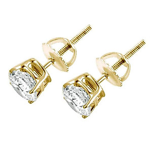 14k Yellow Gold 1 Ct T.W. Round-Cut Natural Certified Diamond Studs 4-Prong Women's Earrings With Screw Backs
