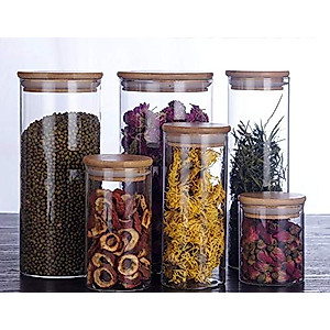 Glass Food Storage Jar Canister - Cylinder Airtight Kitchen Container with Natural Wood Lid for Tea Dry Fruit Nuts Candy Seasoning Spaghetti Coffee Bean Clear Sealing size 250ML/8.5oz