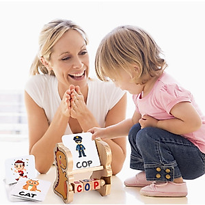 Atoylink Wooden Reading Blocks Spelling Games with Sight Word Flash Cards Turning Rotating Letters Dinosaur Toy Preschool Spinning Alphabet Matching Letter Montessori Learning Toys for Kids Boys Girls