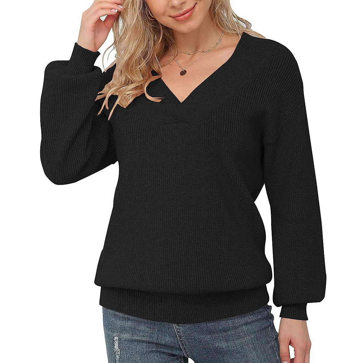 Feiersi Women's Off Shoulder Sweater Long Sleeve Loose Tops V-Neck Pullover Knit Jumper(Black,X-Large)