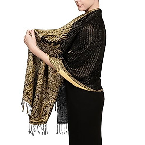 Achillea Luxurious Big Paisley Jacquard Layered Woven Pashmina Shawl Wrap Scarf Stole (Black)