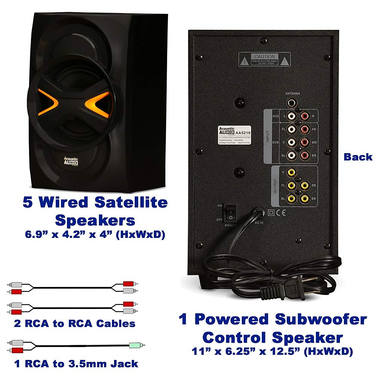 Acoustic Audio AA5210 Home 5.1 Speaker System with Bluetooth, LEDs, FM, Optical Input and 2 Ext. Cables