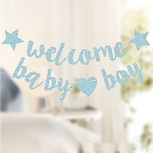 KUNGOON Welcome Baby Boy Party Banner,Blue Gold Glitter Paper Sign for Baby Shower,Baby Boy Party Decoration Gifts.(blue)