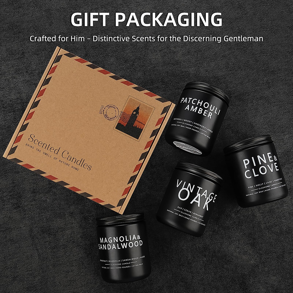 Scented Candles for Men - 4 Pack Scented Candles Gifts for Men, Dad, Boyfriend - 50 Hours Long Burning Soy Candles for Home Scented (Pine/Sandalwood/Patchouli/Oak)