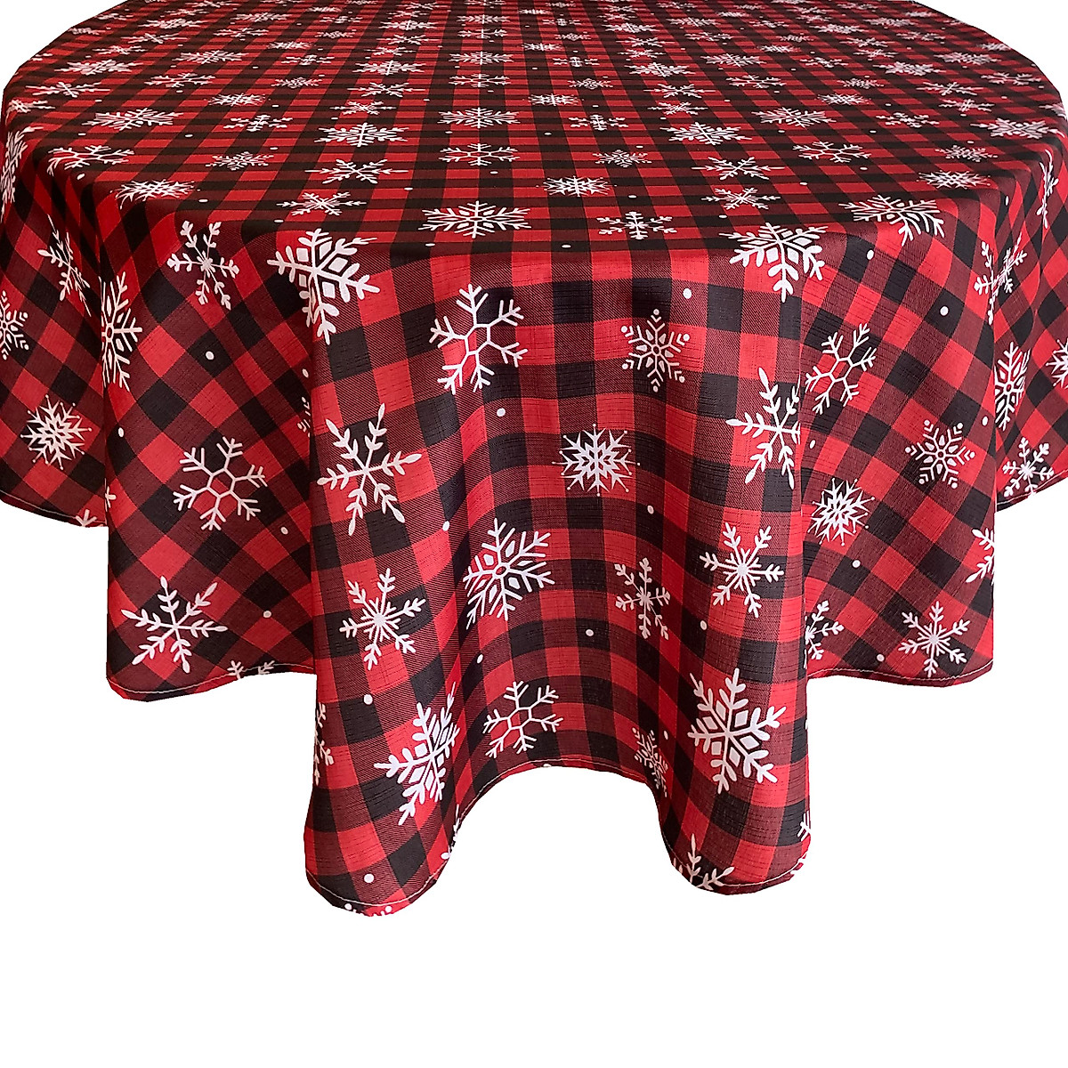 Lintex Red/Black Snowflake Plaid Festive Christmas Fabric Tablecloth, Red, Black and White Plaid Country Rustic Xmas Holiday Tablecloth, 70” Round
