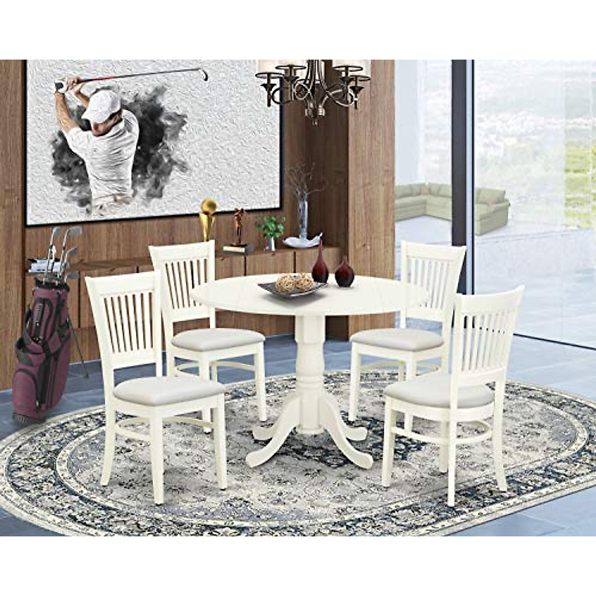 East West Furniture DLVA5-LWH-C Dublin 5 Piece Set for 4 Includes a Round Table with Dropleaf and 4 Fabric Kitchen Dining Chairs, 42x42 Inch, Linen White
