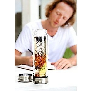 The Sacred Tea Bottle with Infuser & Strainer Combo - BPA Free Glass Travel Tumbler with Stainless Steel Filter. Leakproof Tea Mug for Loose Leaf Tea and Fruit Water 14 Ounce