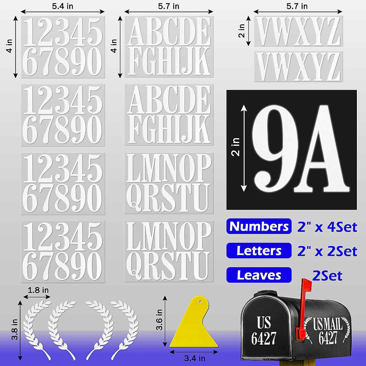 2" Reflective Mailbox Numbers Letters Stickers for Outside,Self Adhesive Mailbox Decal Numbers 4 Set(0-9),Letters 2 Set(A-Z),Leaves 2 Set,Vinyl House Address Stickers for Mailbox,Signs,Cars(White)