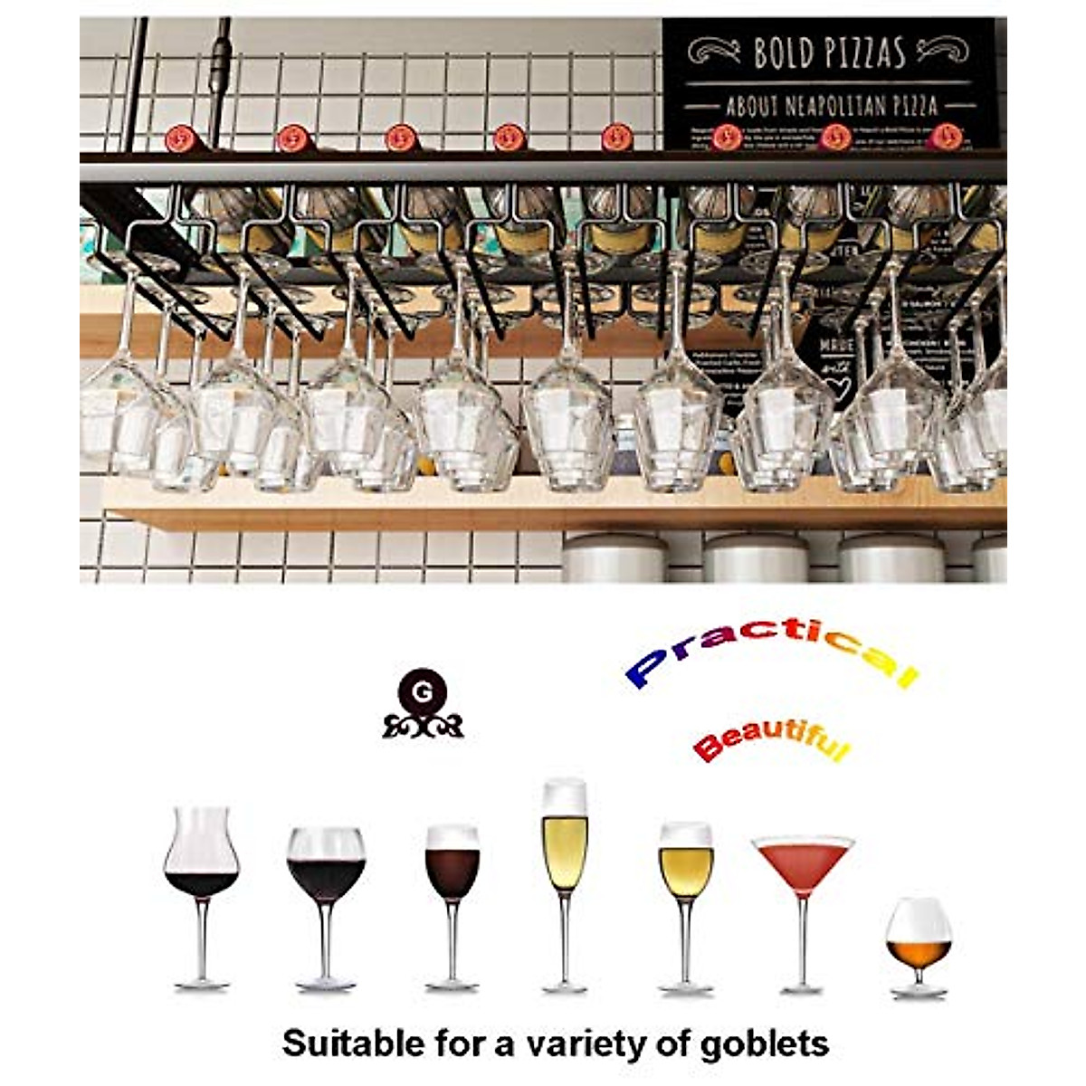 YMLSD Wine Rack,Wine Glass Rack Metal/Wine Glass Hanger Rack Hanging Storage Wine Holder/Champagne Glass Goblets Stemware Rack Holder, for Bar Kitchen Cabinet/Black/10030Cm