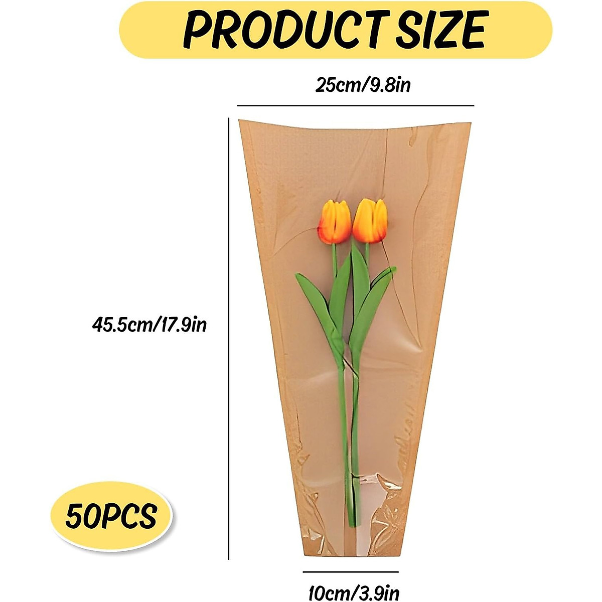 50Pcs Flower Wrapping Bags Kraft Paper with Ribbon Floral Packing Sleeves Bouquet Bags Clear Flower Wrapping Sleeves for Wedding Birthday Graduation Anniversary Mother's Day Gift, 9.8x3.9x17.9 Inch