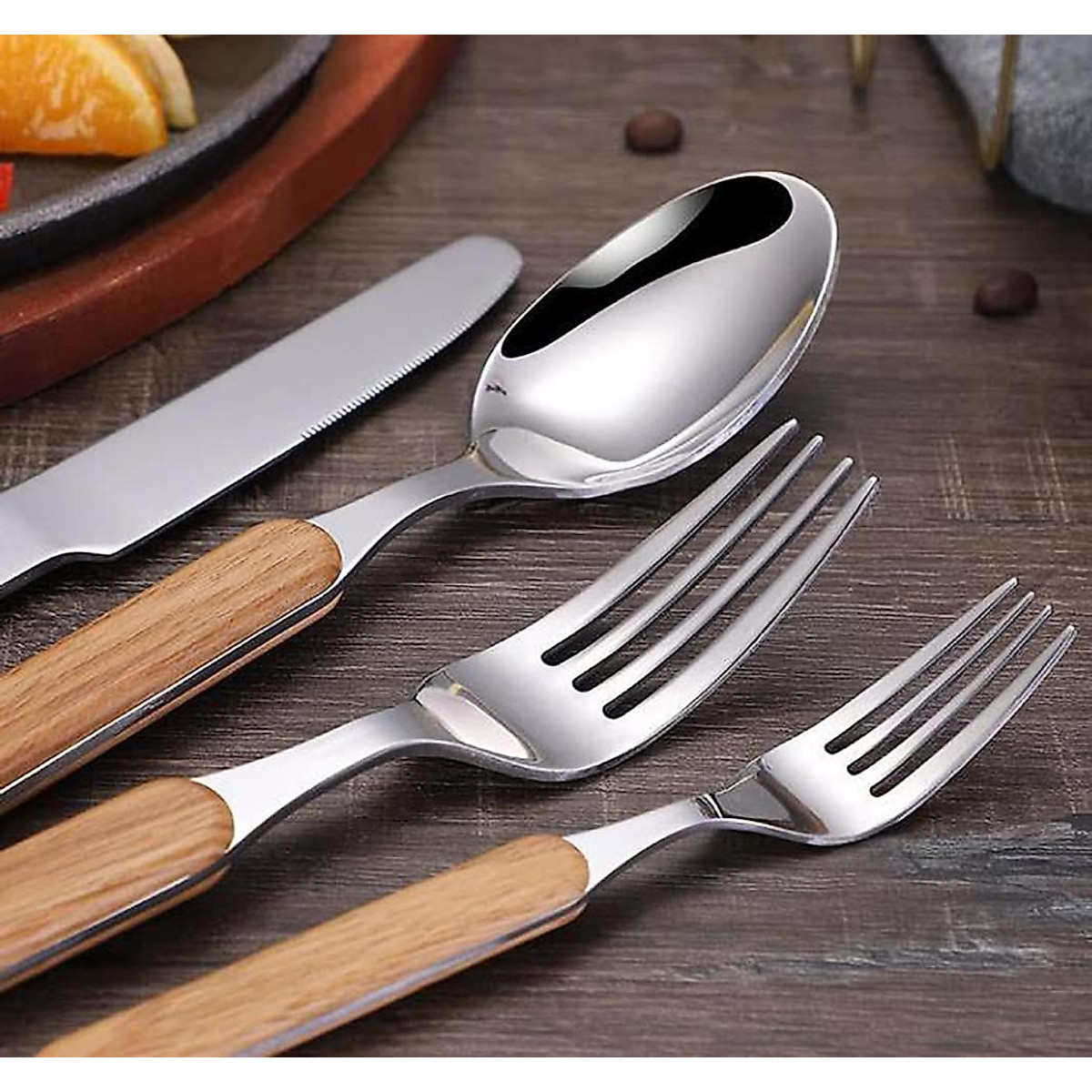 Silverware Set for 6 with Faux Wooden Handle 30-Piece Modern Stainless Steel Flatware Cutlery Set Includes Knife Fork Spoon, Eating Utensil for Home Kitchen Restaurant Mirror Polished