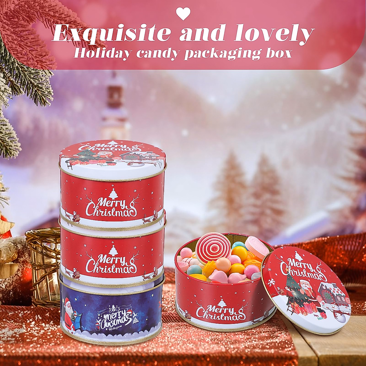 DOITOOL 12 Pcs Christmas Cookie Tin with Lids,Round Metal Cookie Box Christmas Candy Jars,Festive Cookie Containers Xmas Tin Box,Christmas Tinplate with Lids for Storing Candies Biscuits Treat