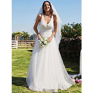 Ever-Pretty Women's Appliques Tulle A-Line V Neck Open Back Wedding Guest Dress White US16