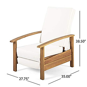 Mary Outdoor Acacia Wood Push Back Recliner with Cushion, Sandblast Teak and Cream