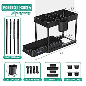 STORVAGE Height Adjustable Under Sink Organizer Kitchen 2 Tier Under Sink Organizers and Storage Bathroom, Sliding Basket Bathroom Cabinet Organizer with Hooks, Hanging Cup & Dividers (Black, 1)